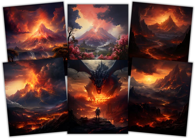 Volcano Landscape Digital Paper Set: Erupting Magma, Nature Backgrounds ...