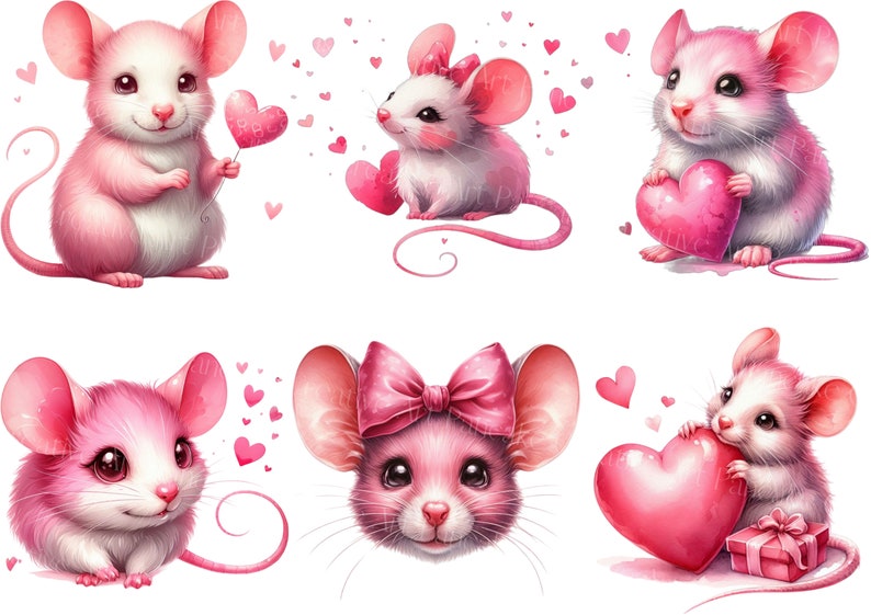 Pink Love Mouse Clipart Bundle Pink Mouse Sublimation Romantic Mice ...