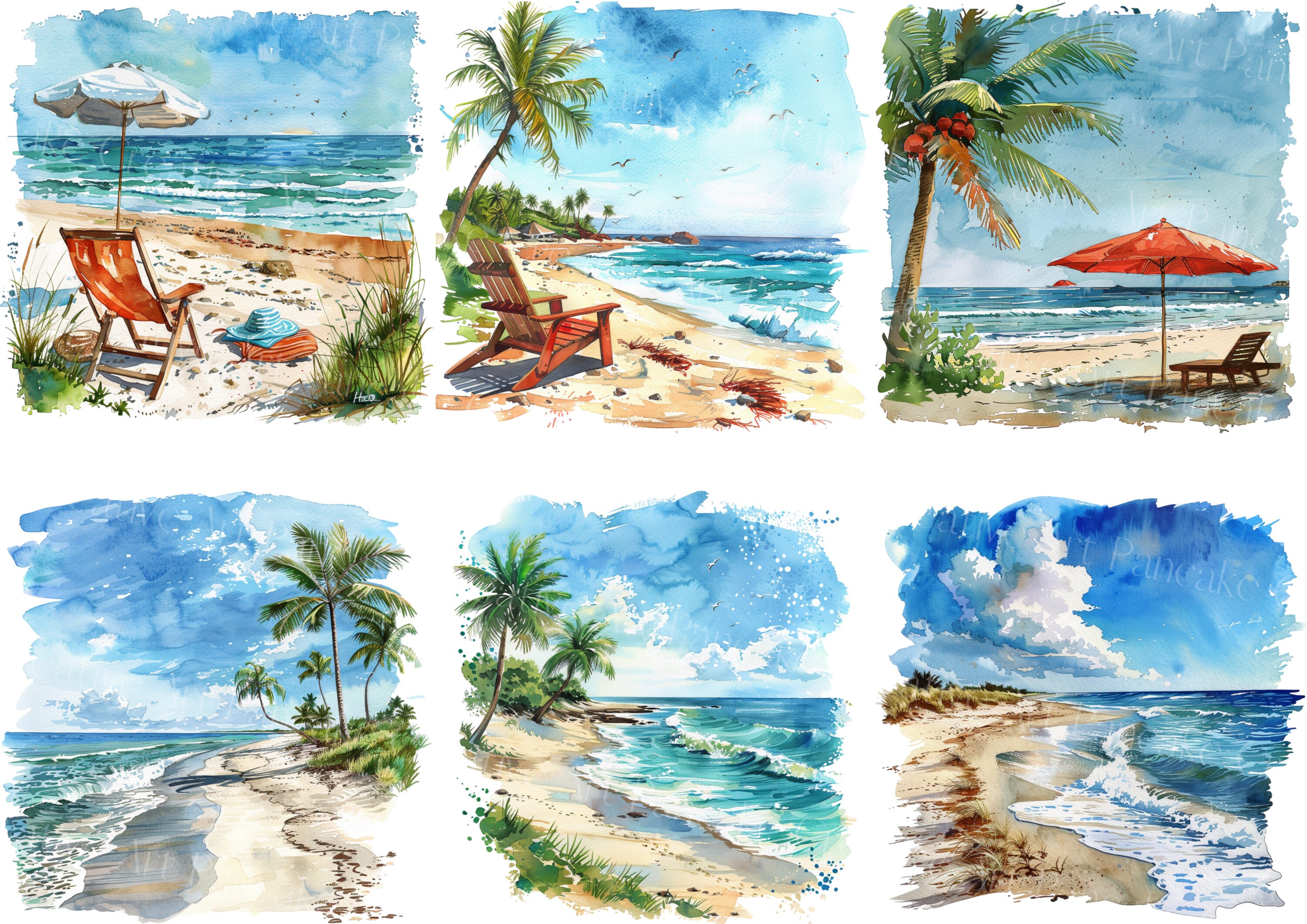 Hello Summer Clipart Watercolor Beach Png Bundle Summer Beach Scene ...