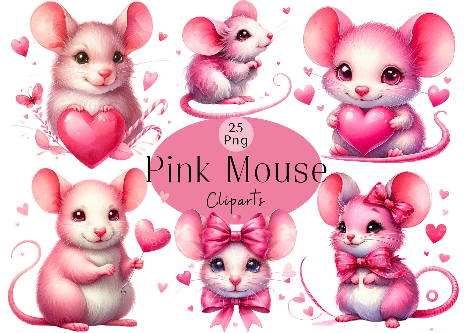 Pink Love Mouse Clipart Bundle Pink Mouse Sublimation Romantic Mice ...