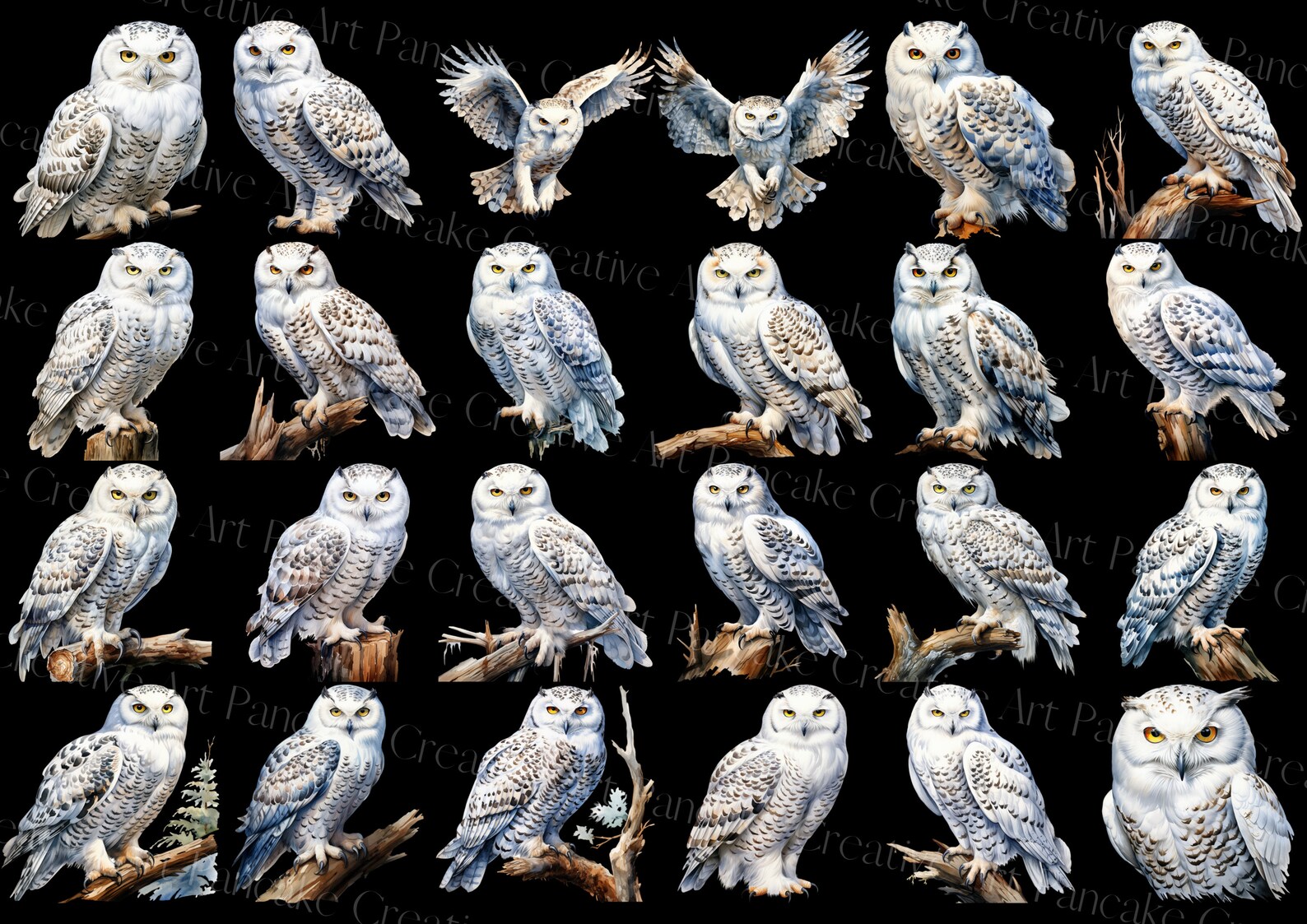 Watercolor Snowy Owl Clipart Bundle: Winter Woodland PNG (commercial ...
