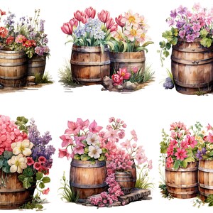 Watercolor Floral Barrel Clipart: Rustic Garden PNG Bundle (digital ...