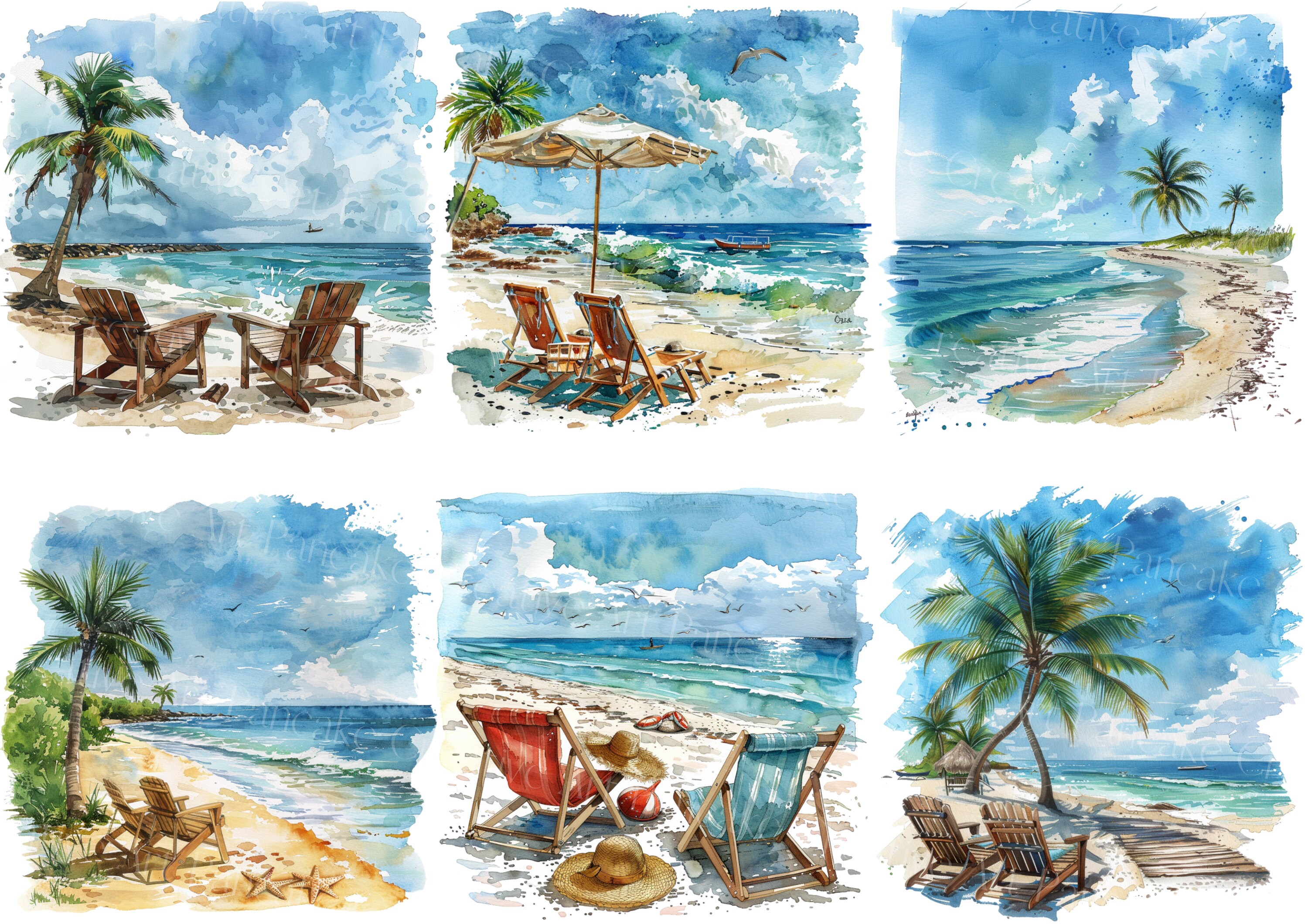 Hello Summer Clipart Watercolor Beach Png Bundle Summer Beach Scene ...