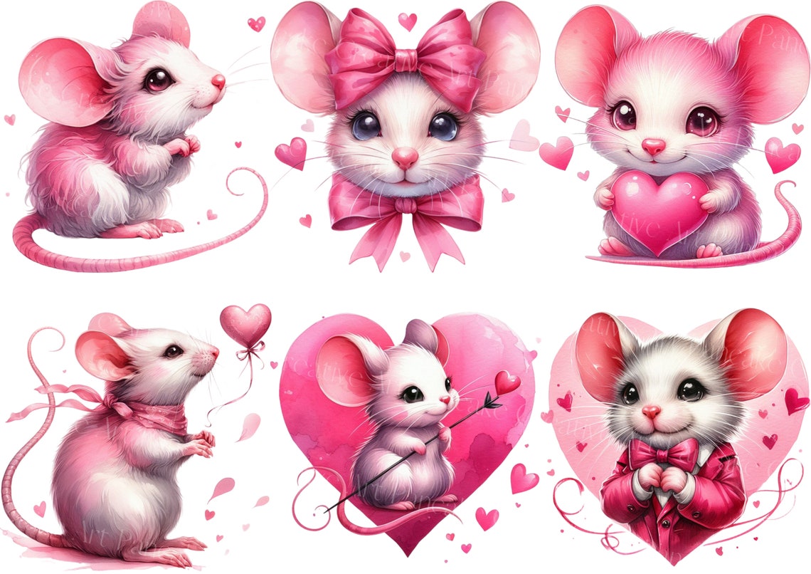 Pink Love Mouse Clipart Bundle Pink Mouse Sublimation Romantic Mice ...