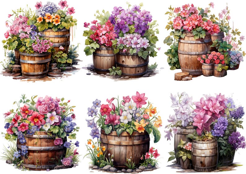 Watercolor Floral Barrel Clipart: Rustic Garden PNG Bundle (digital ...