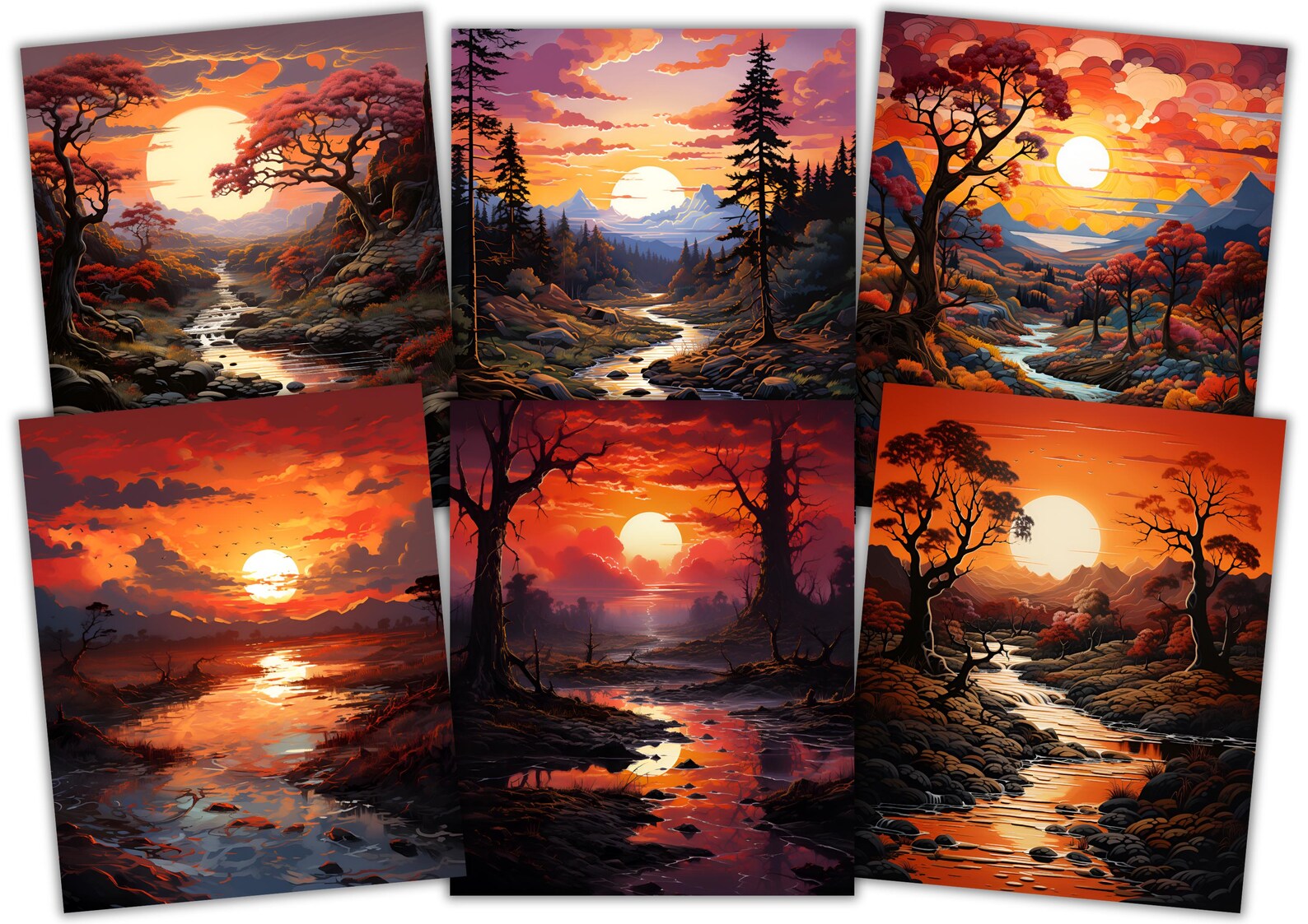 Printable Sunset Landscape Digital Paper Nature Graphics Summer ...