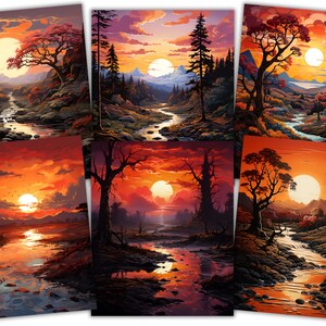 Printable Sunset Landscape Digital Paper Nature Graphics Summer ...