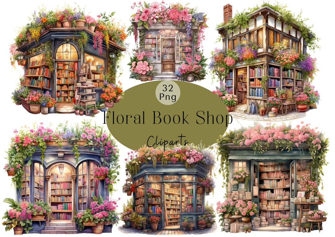 Watercolor Floral Book Store Front Art Cozy Bookstore Png Bundle Book ...