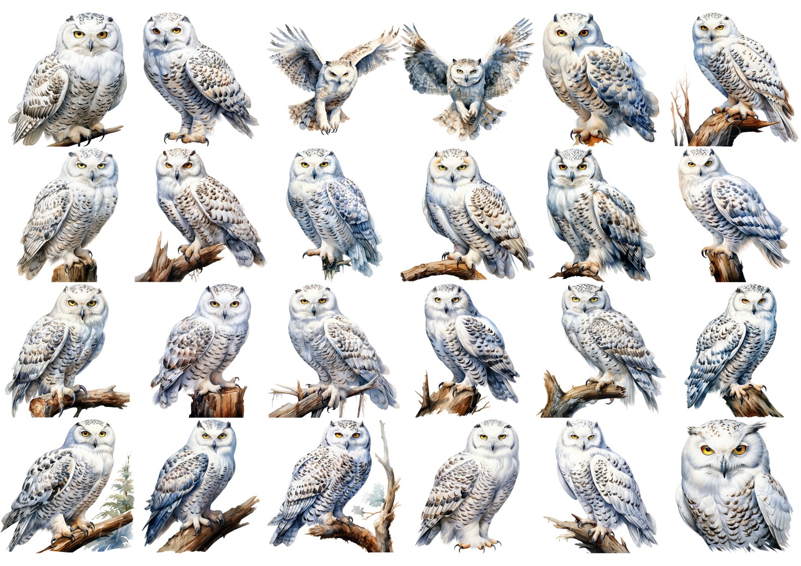 Watercolor Snowy Owl Clipart Bundle: Winter Woodland PNG (commercial ...