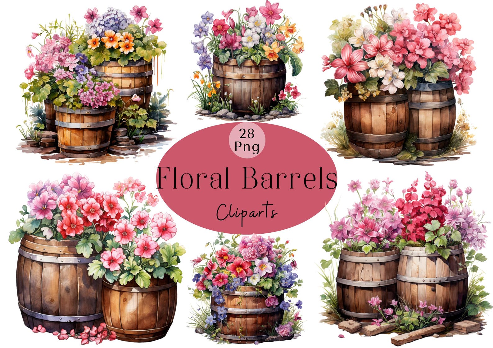 Watercolor Floral Barrel Clipart: Rustic Garden PNG Bundle (digital ...