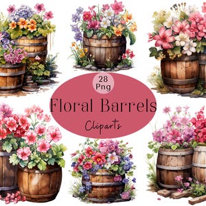 Watercolor Floral Barrel Clipart Bundle Wooden Barrel With Wildflower ...