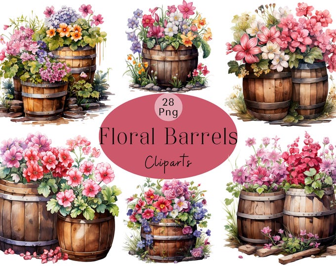 Floral Wooden Barrel Clipart, Garden Barrel, Floral Barrel Png, Spring ...