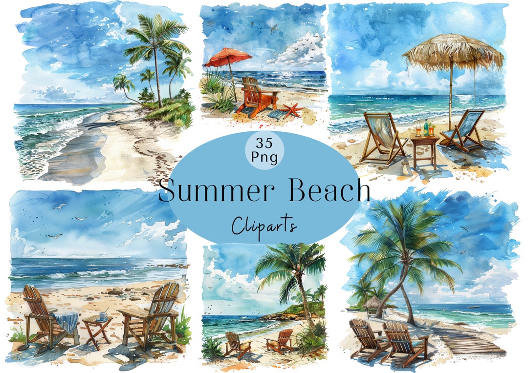 Hello Summer Clipart Watercolor Beach Png Bundle Summer Beach Scene ...