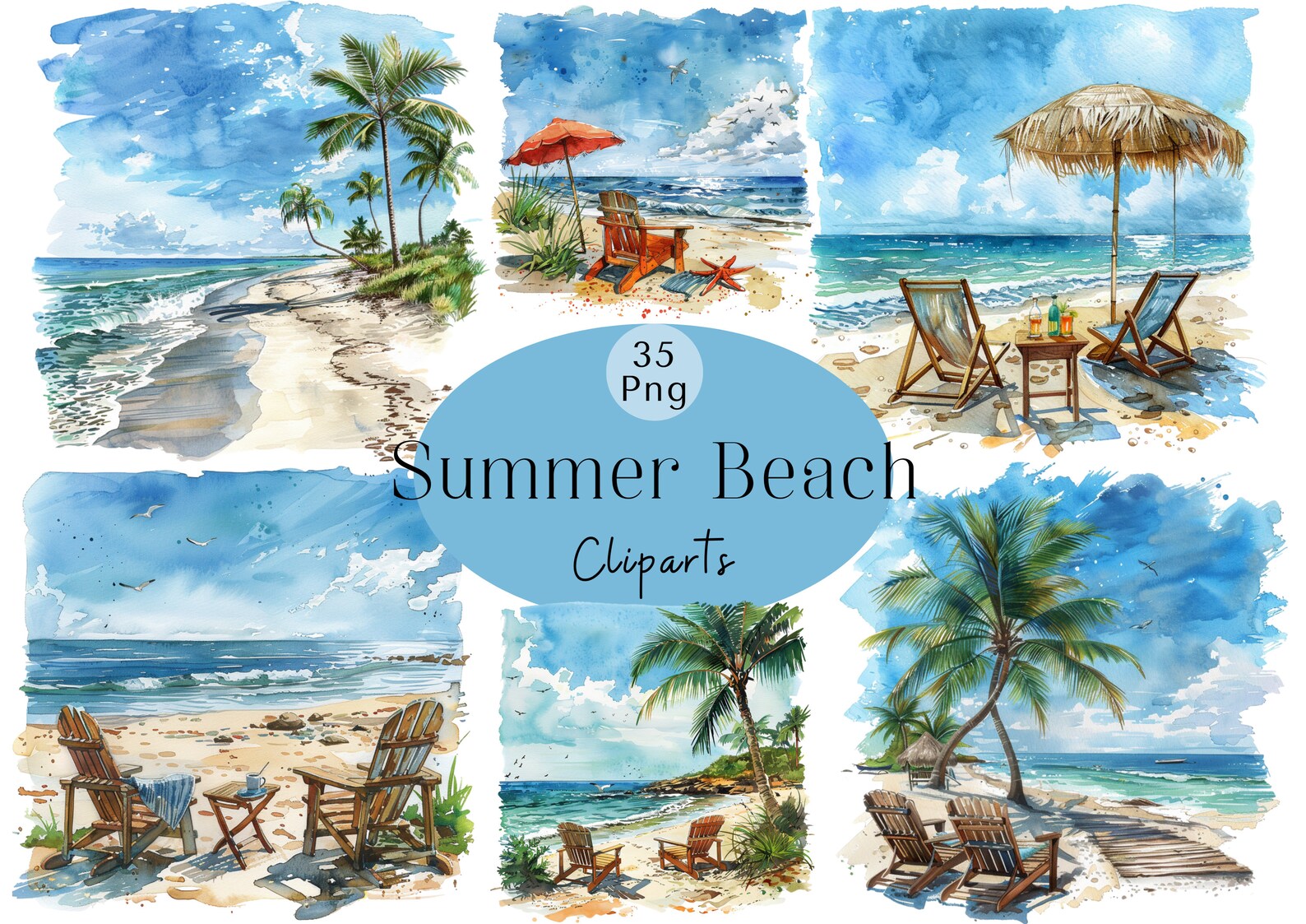 Hello Summer Clipart Watercolor Beach Png Bundle Summer Beach Scene ...