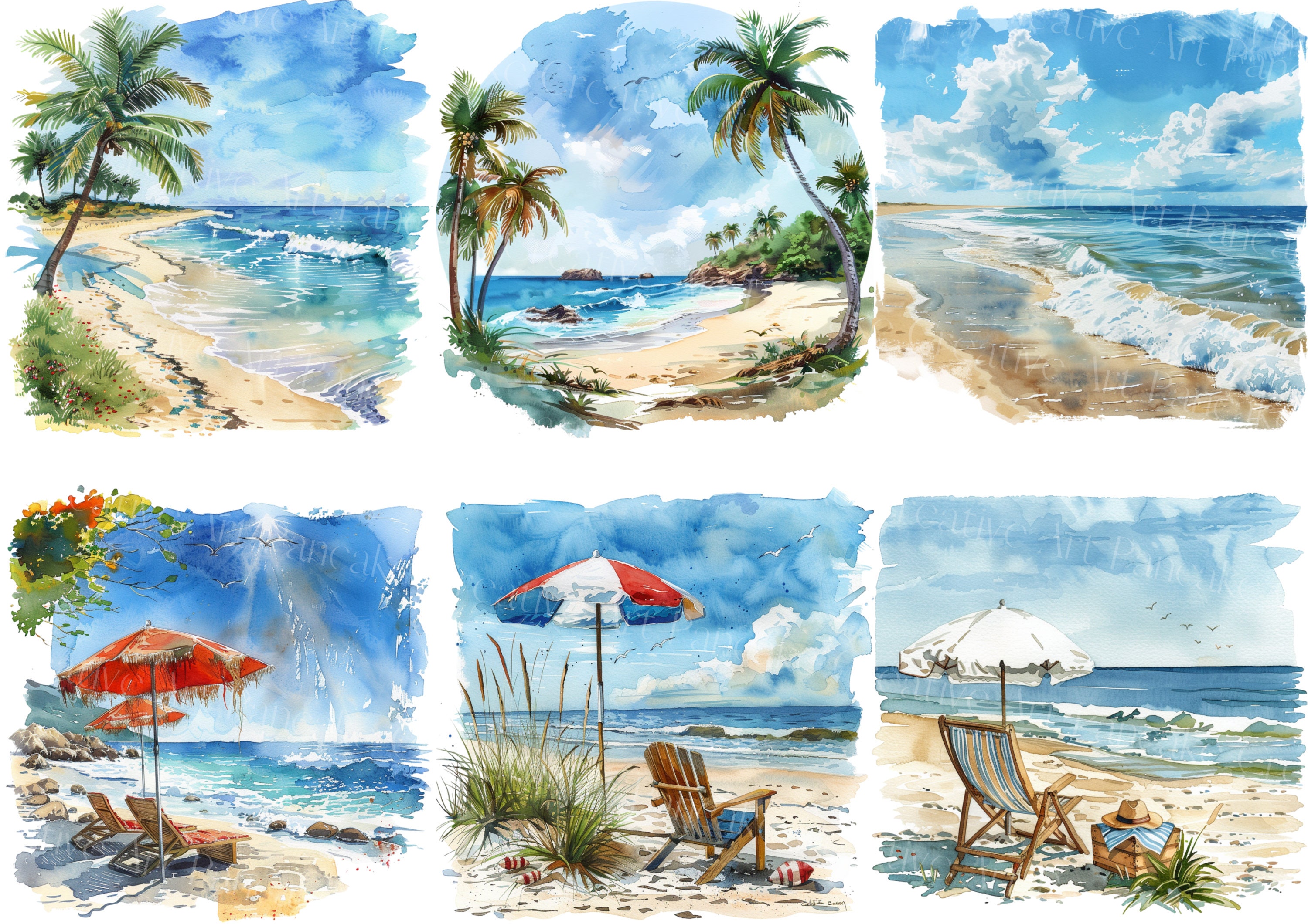 Hello Summer Clipart Watercolor Beach Png Bundle Summer Beach Scene ...