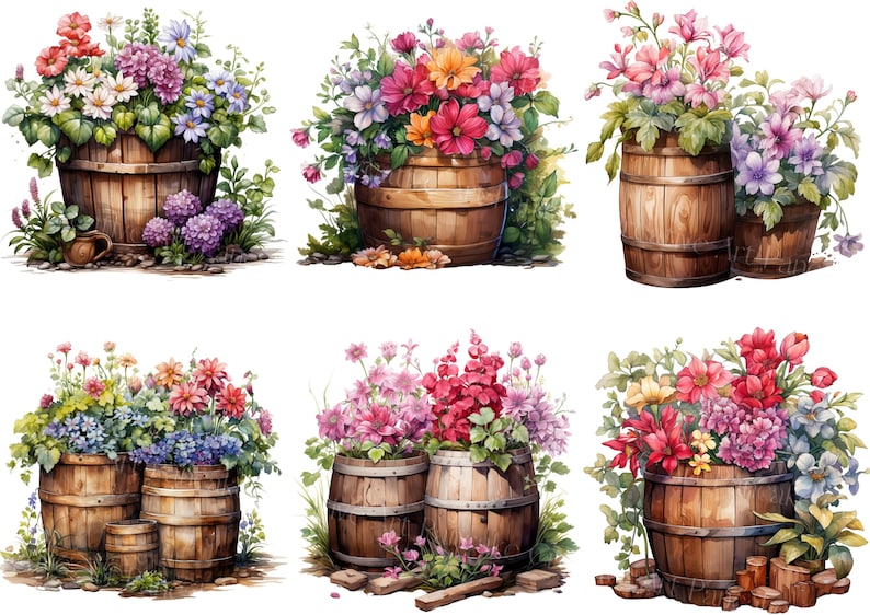 Watercolor Floral Barrel Clipart Bundle Wooden Barrel With Wildflower ...