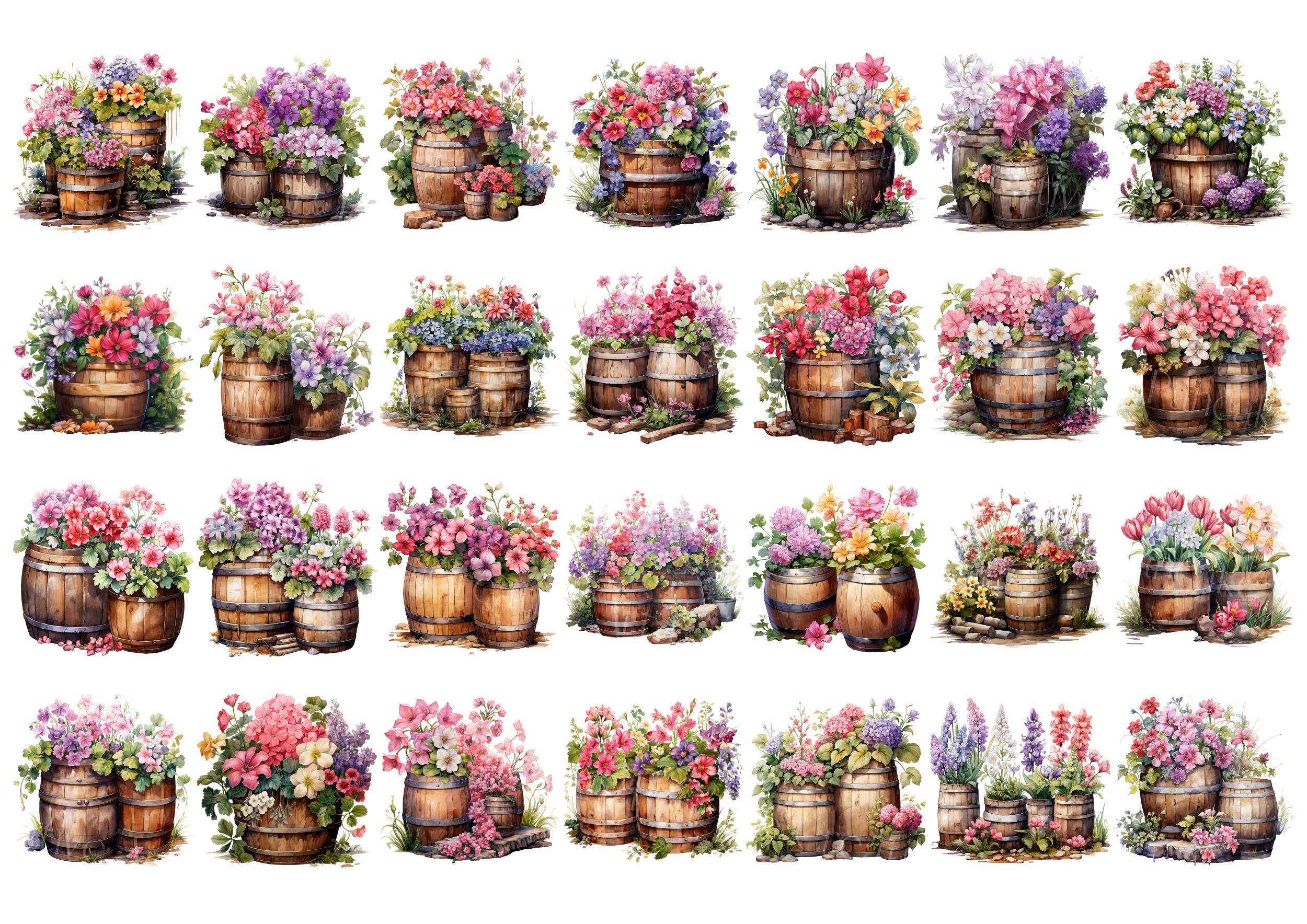 Watercolor Floral Barrel Clipart: Rustic Garden PNG Bundle (digital ...