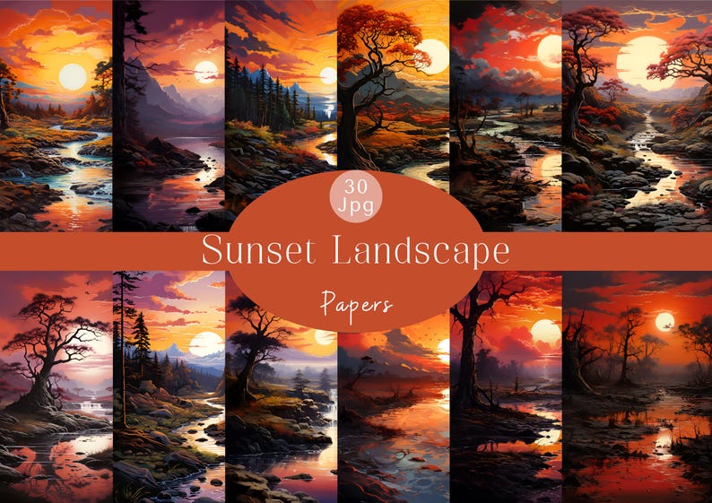 Printable Sunset Landscape Digital Paper Nature Graphics Summer ...