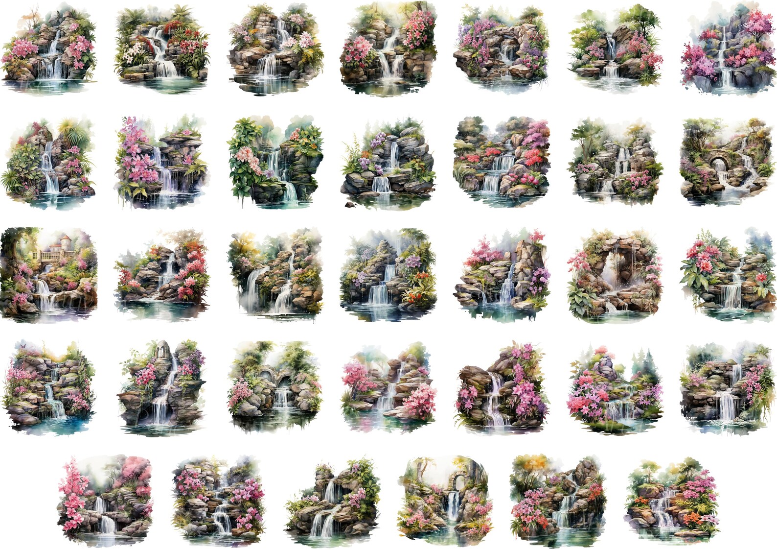 Watercolor Spring Waterfall Clipart Floral Waterfall Scene Decorations ...