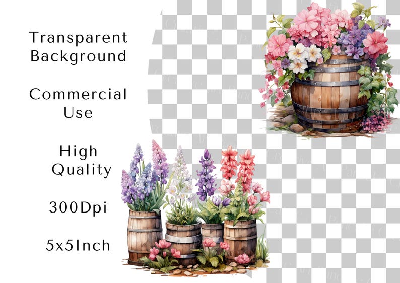 Watercolor Floral Barrel Clipart: Rustic Garden PNG Bundle (digital ...