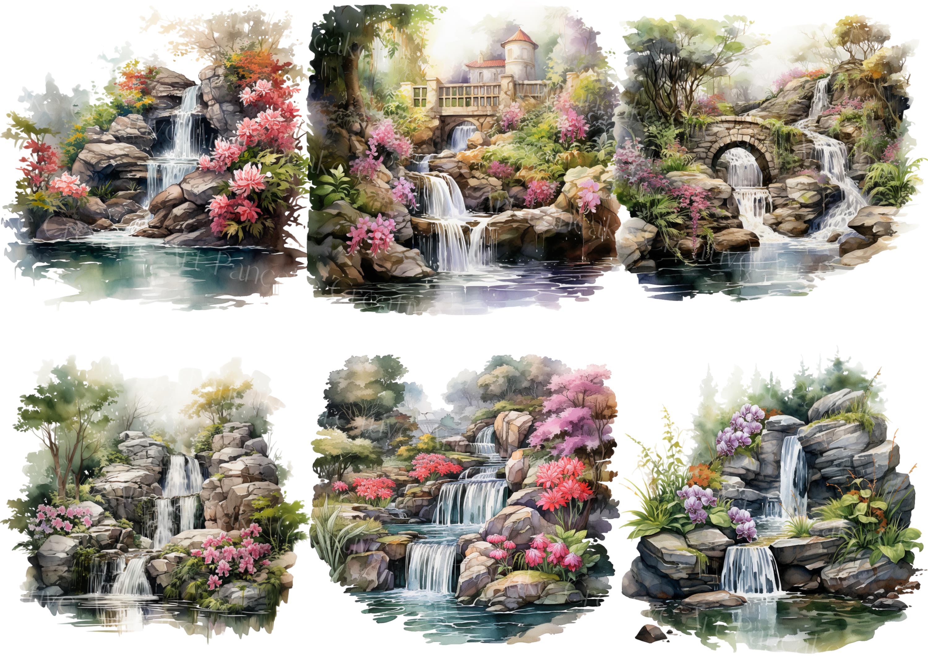Watercolor Spring Waterfall Clipart Floral Waterfall Scene Decorations ...