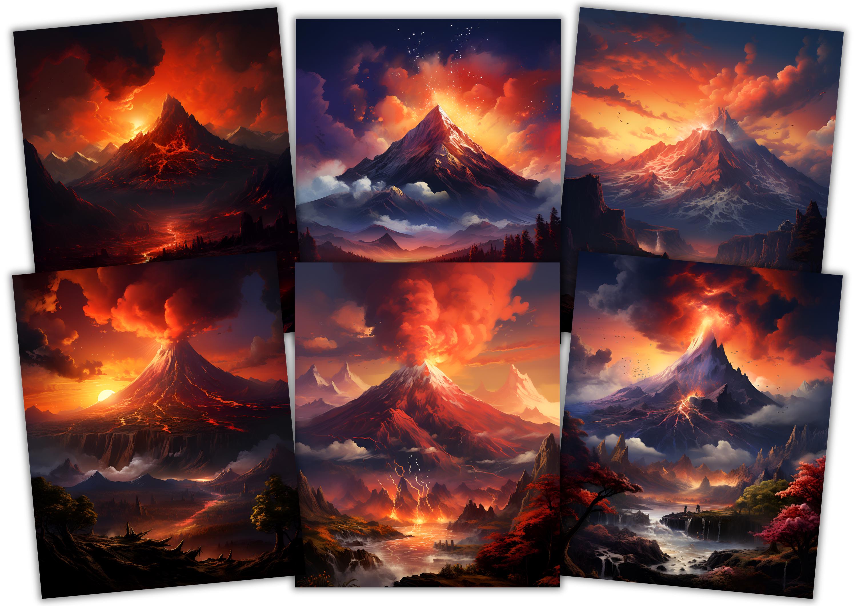 Volcano Landscape Digital Paper Set: Erupting Magma, Nature Backgrounds ...