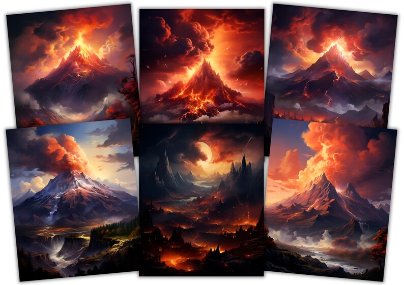 Volcano Landscape Digital Paper Set: Erupting Magma, Nature Backgrounds ...