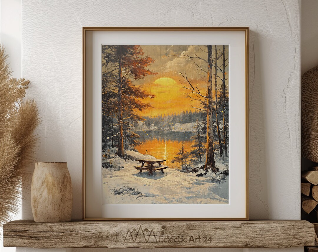 Snowy Woods Sunrise Digital Print, Tranquil Picnic Table Scene With ...