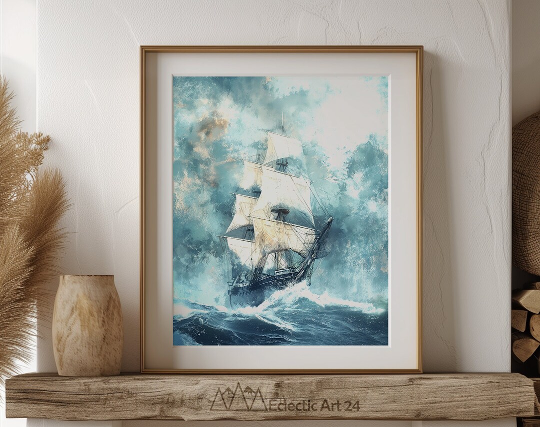 Classical Sailing Ship Stormy Seas Digital Print - Nautical Wall Art ...