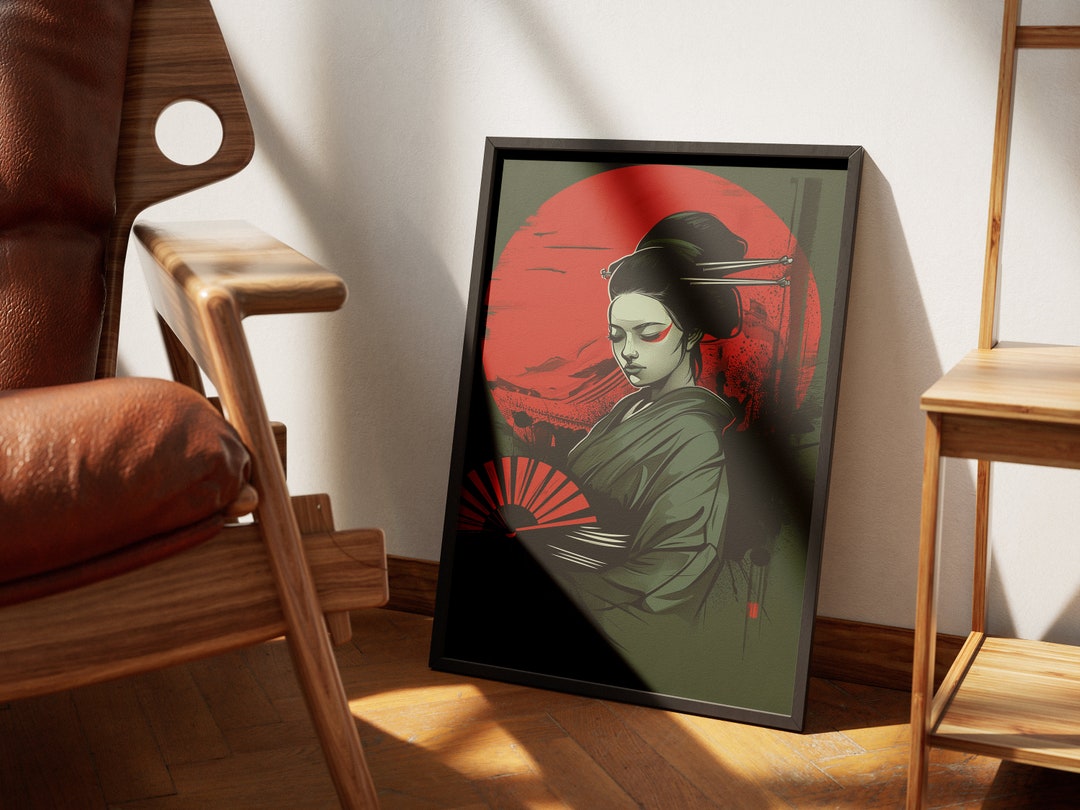 Printable Geisha Holding A Fan Wall Art, Novel Style, Moody Colors ...