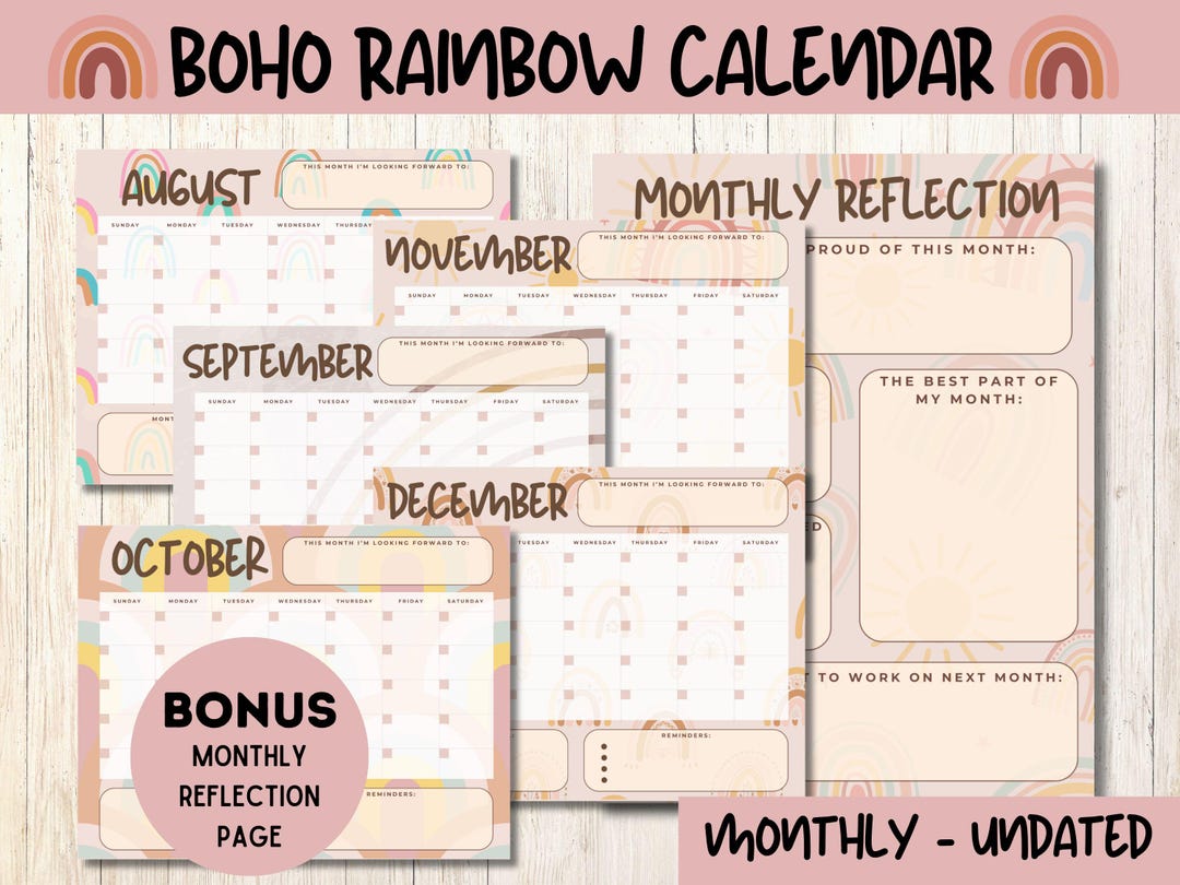 Boho Rainbow Monthly Calendar, 2025 Kids Calendar, 12 Month Calendar ...
