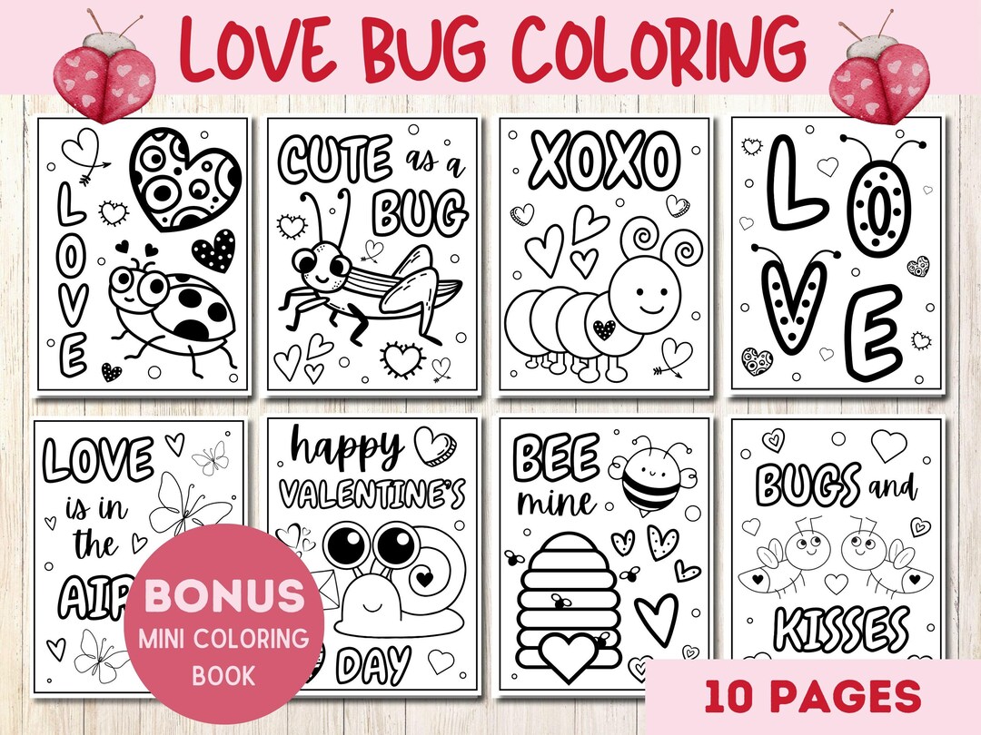Love Bug Valentine Coloring Pages, Valentine Coloring Gift, Love Bug ...