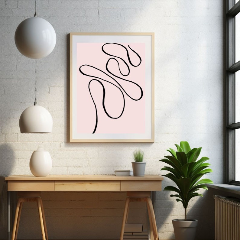 Minimalist Light Pink Line Art Print 18x24 Abstract Poster Black Line ...