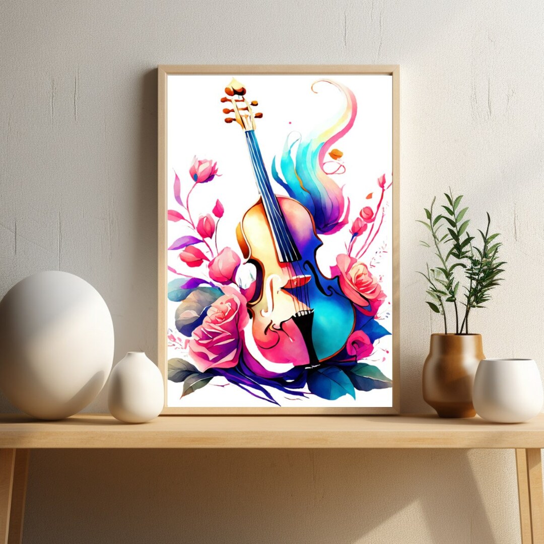 Colorful Cello With Flowers Digital Wall Art - Vibrant 18x24 Inch ...