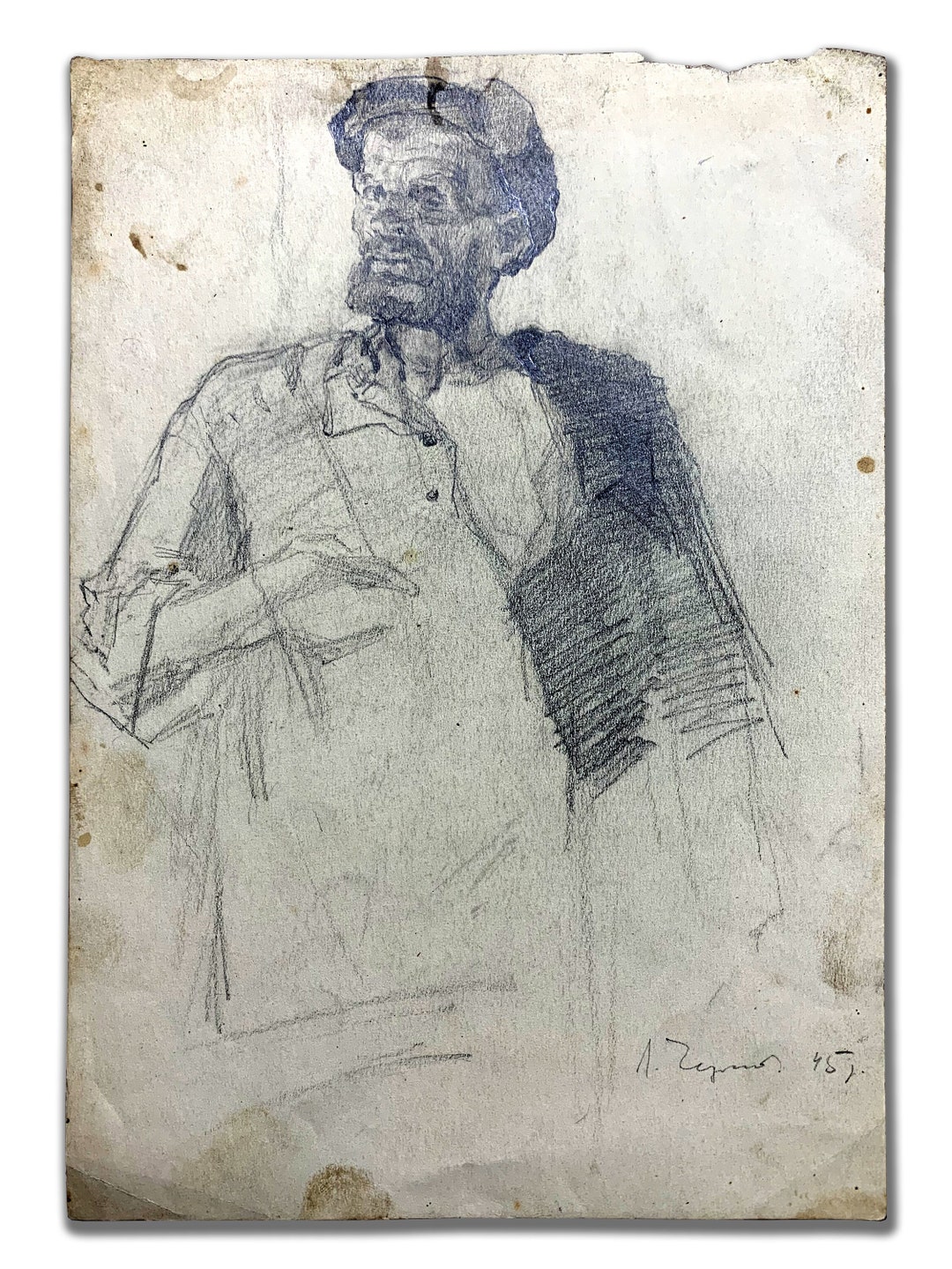 VINTAGE Original PENCIL Drawing / Worker in a Hat - Etsy