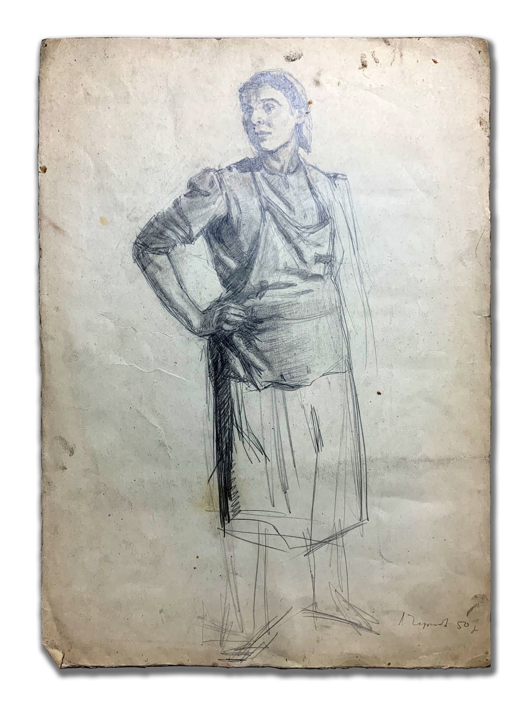 VINTAGE Original PENCIL Drawing / Worker Woman / Two-sided Art Work. - Etsy