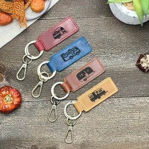 Happy Camper Leather Keychain, Camping Key Chain, Camper Gift, RV Gifts ...