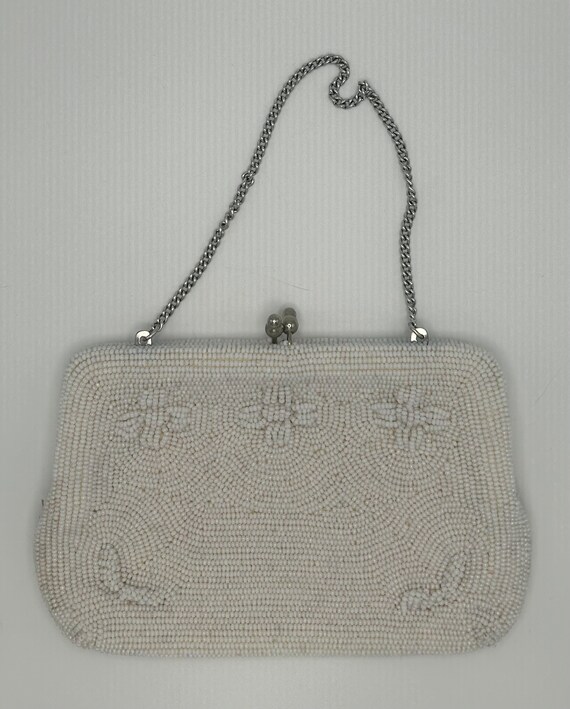 Vintage White Hand Beaded Satin Wedding/Evening purse - Gem