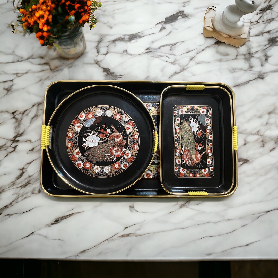 Vintage Japanese Trays, Set of 3 Lacquered Serving Trays, Black Trays ...