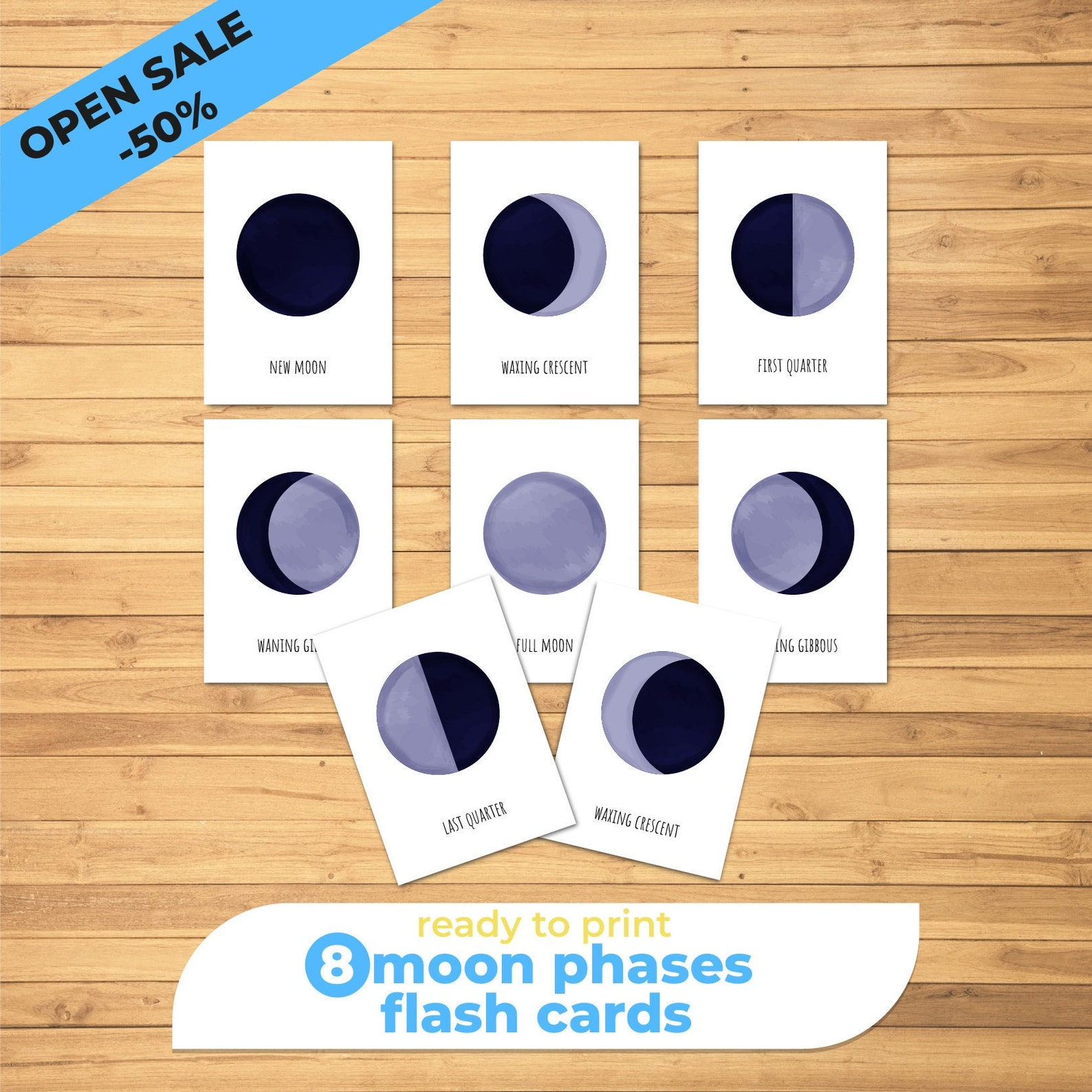 Moon Phases Flash Cards for Kids, Preschool Learning Montessori ...