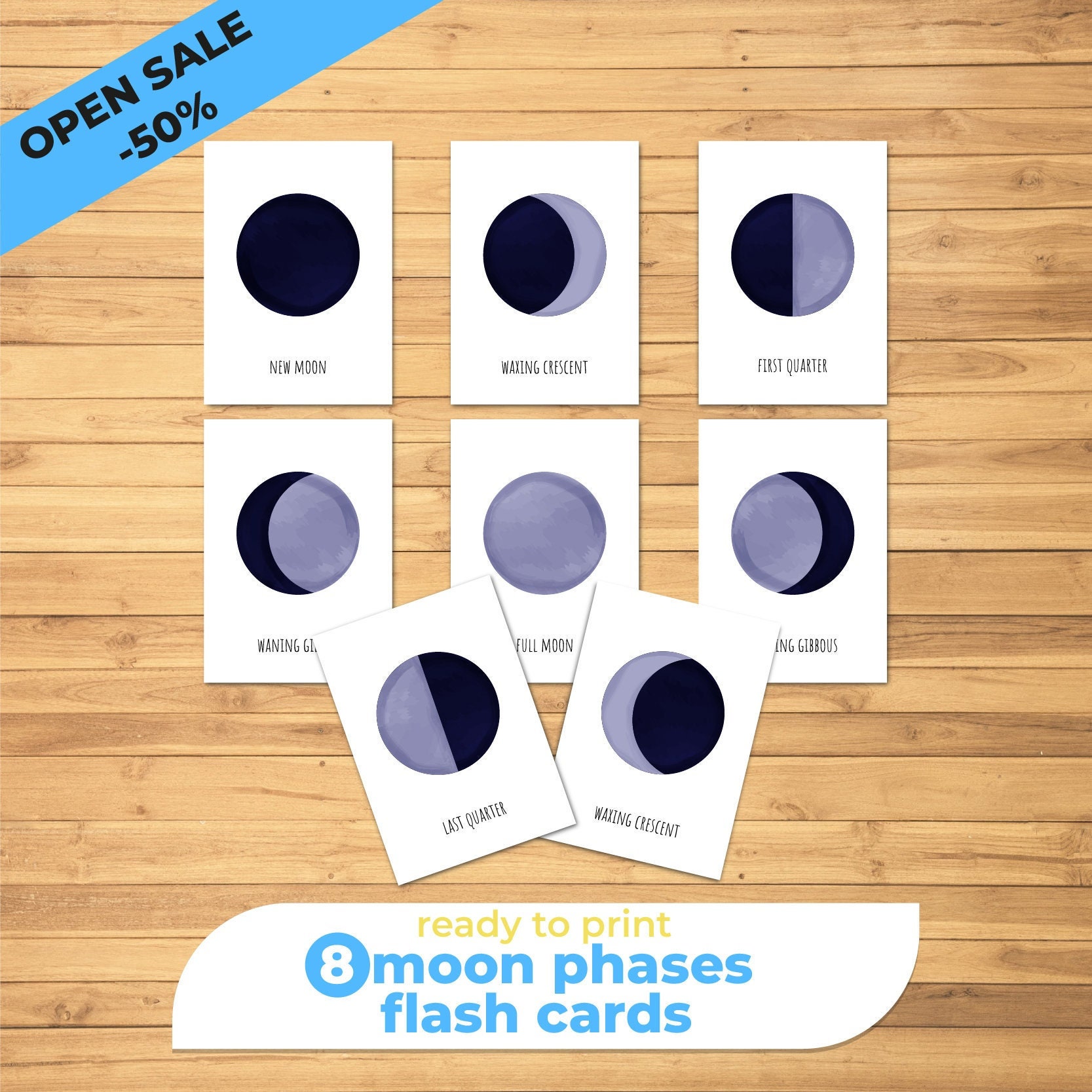 Moon Phases Flash Cards for Kids, Preschool Learning Montessori ...