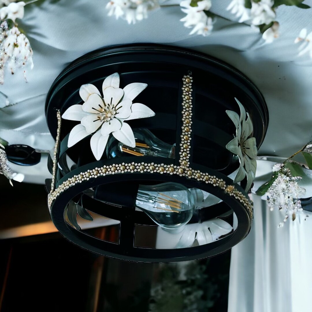 Handcrafted Unique Flower Design Flush Mount Light: Black & Gold Beauty ...