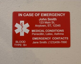 Personalized Medical ID Card, Custom Engraved Emergency Contact Card ...