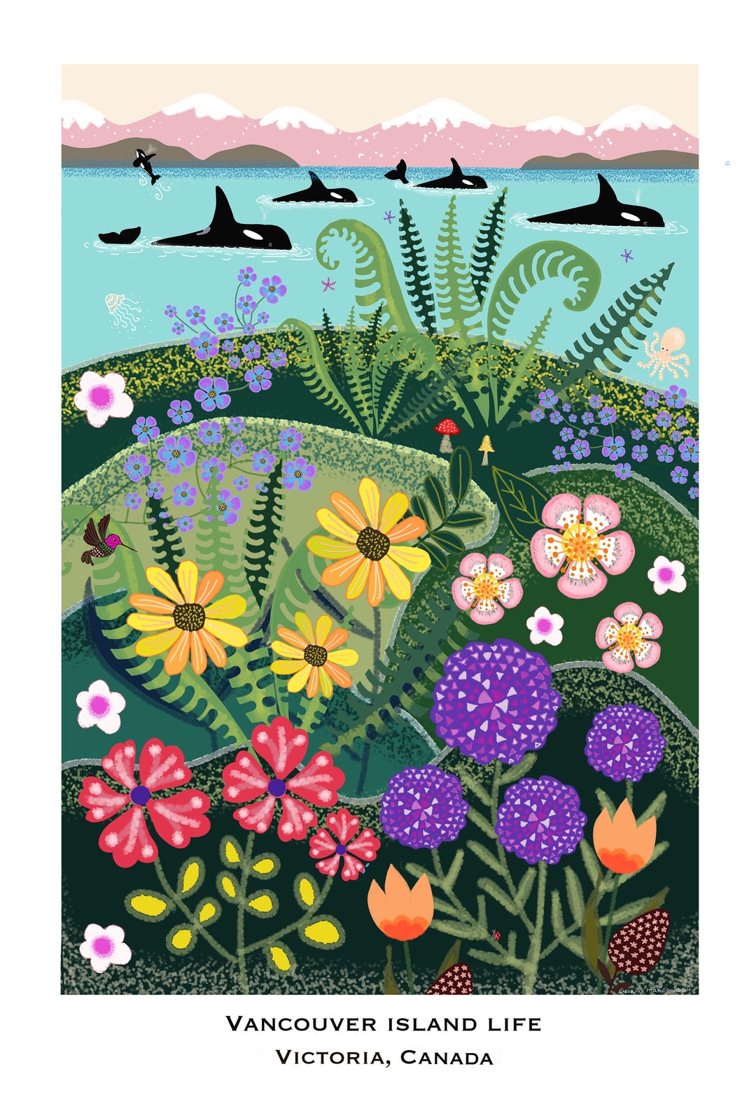 Vancouver Island Life Poster Print, Floral Orcas, Whale Art - Etsy