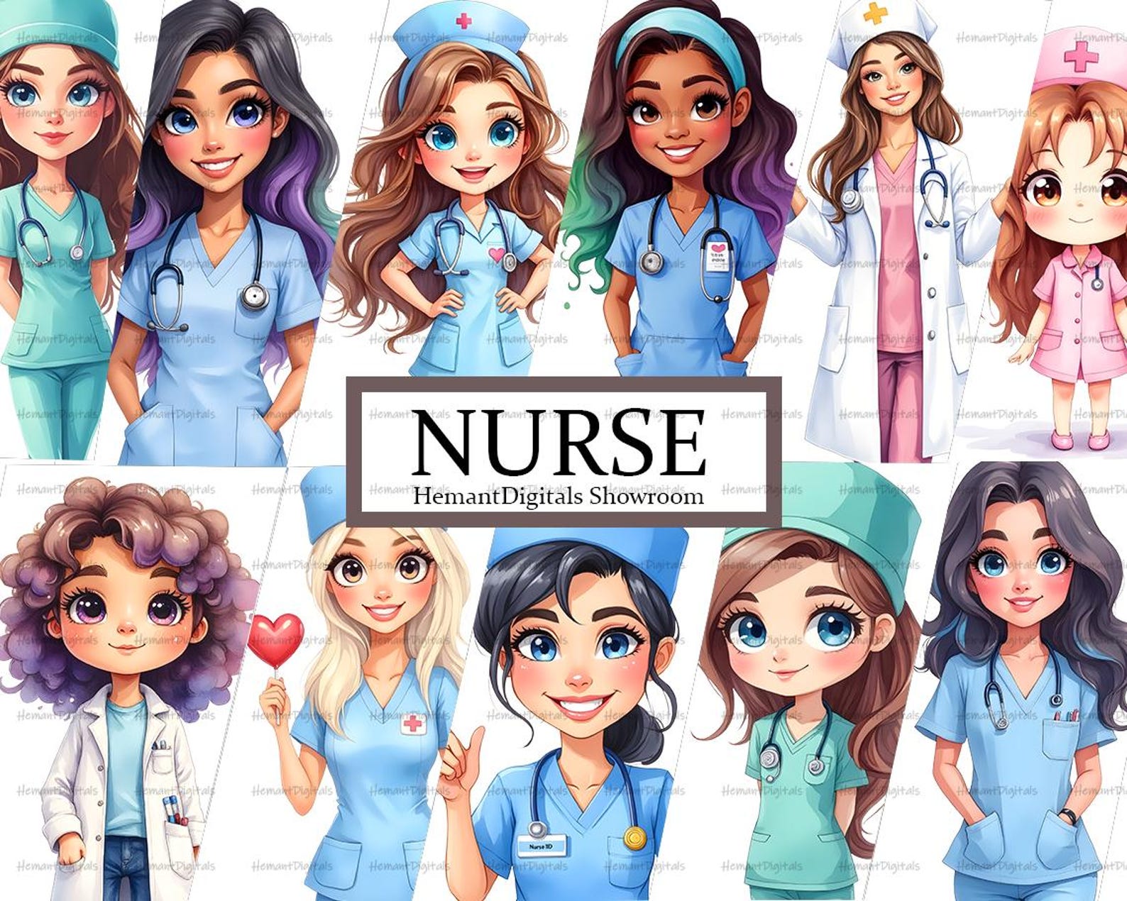 Female Nurse | Set of 14 | Clipart Bundle | 300 DPI Jpegs & Transparent ...