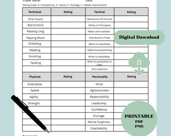 Printable Soccer Player Evaluation Form | Soccer Coach PDF | Instant ...