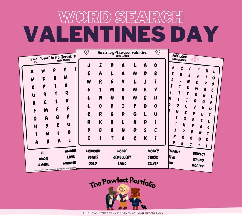 Valentines Day Word Search Package With Answer Keys 2 Easy, 1 Medium, 2 ...