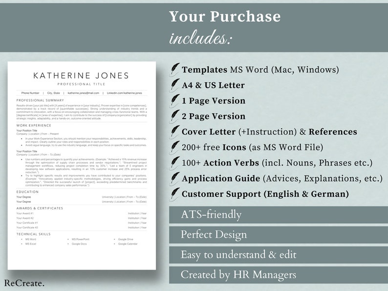 Professional 2024 Resume Template Incl. Cover Letter & Reference