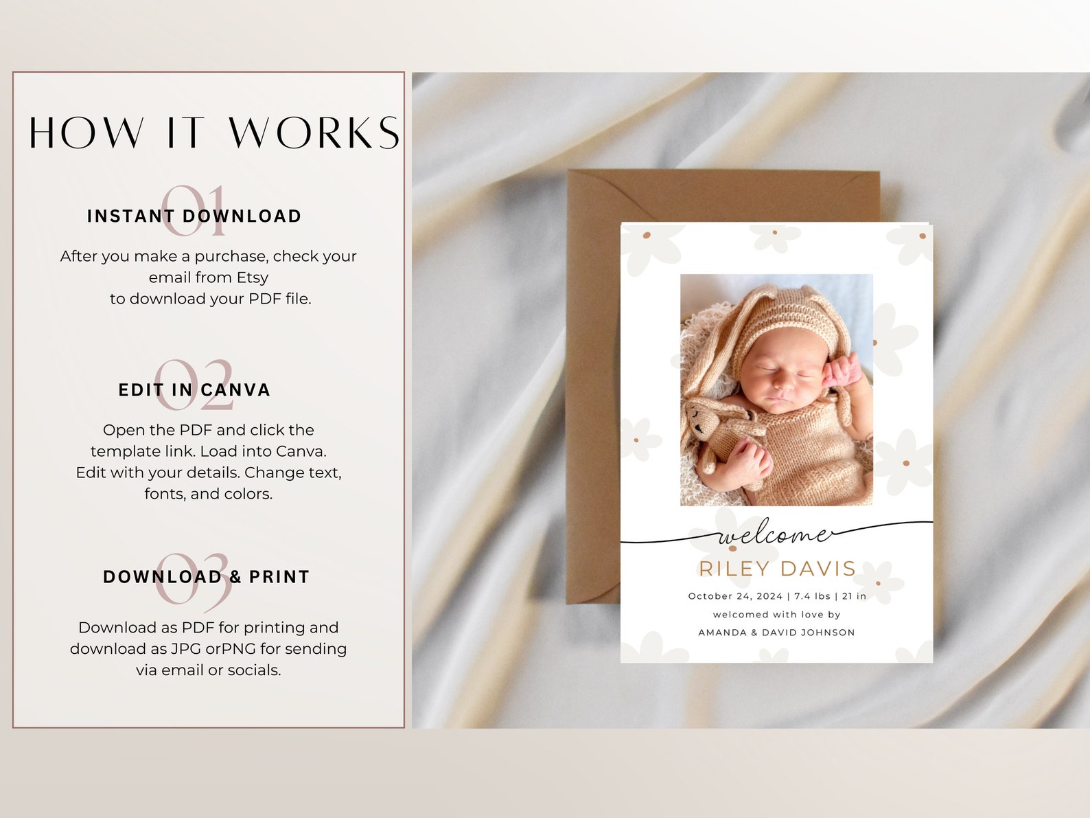Digital Birth Announcement Card Template Instant Download for Custom ...