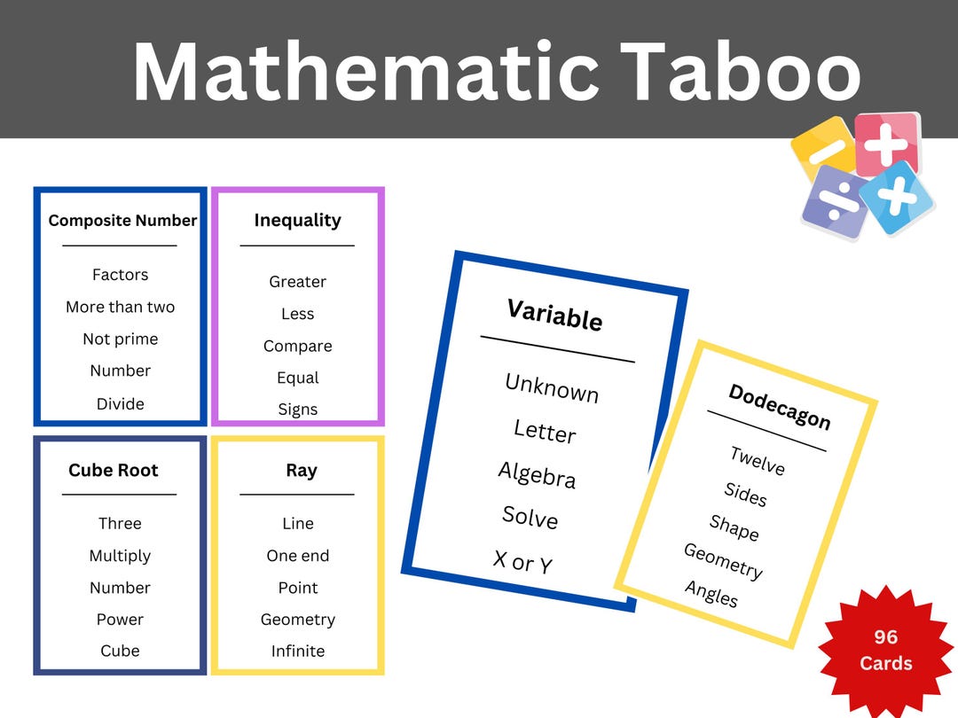 Math Taboo Game - 96 Cards | Printable PDF & JPG | Fun Educational Game ...
